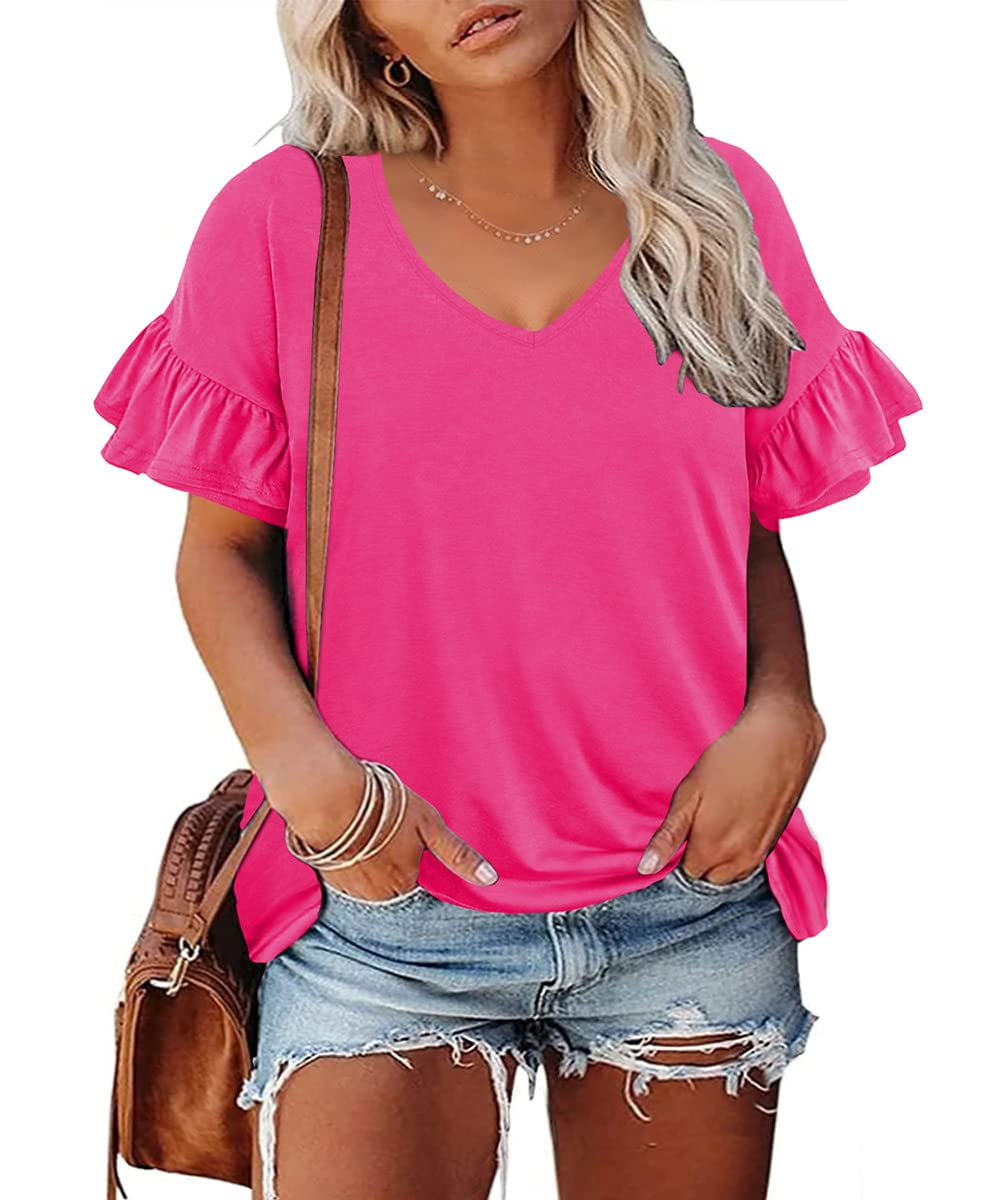 TIYOMI Ladies Plus Size 4X Hot Pink Tops V Neck Shirts Ruffle Short ...