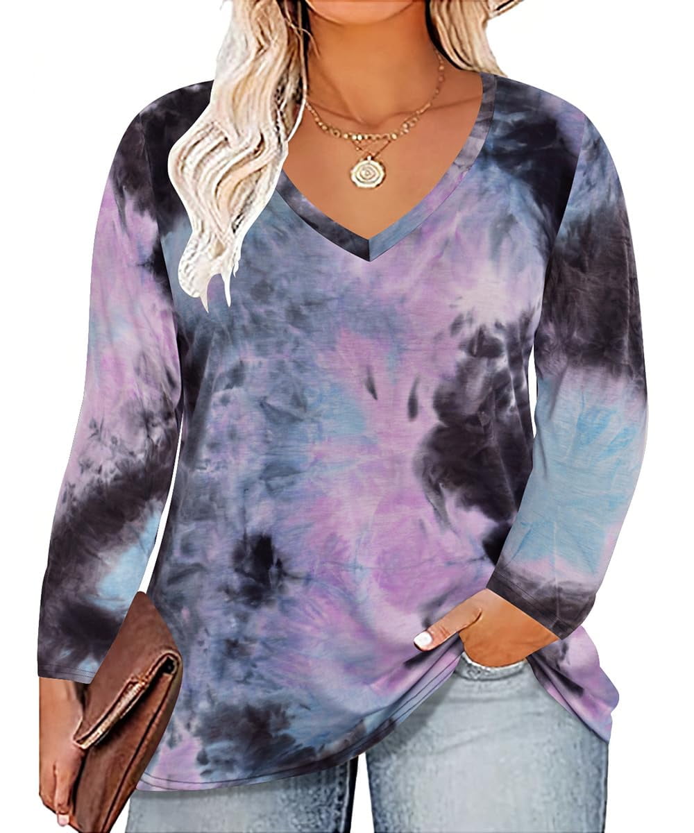 TIYOMI Ladies Plus Size 4X Purple Tie Dye Tunic Long Sleeve Colorful V ...