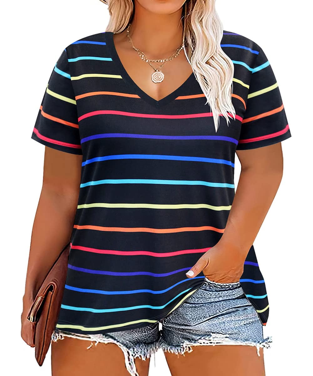 TIYOMI Ladies Plus Size 4X Rainbow Stripe Tops V Neck Blouses Short ...
