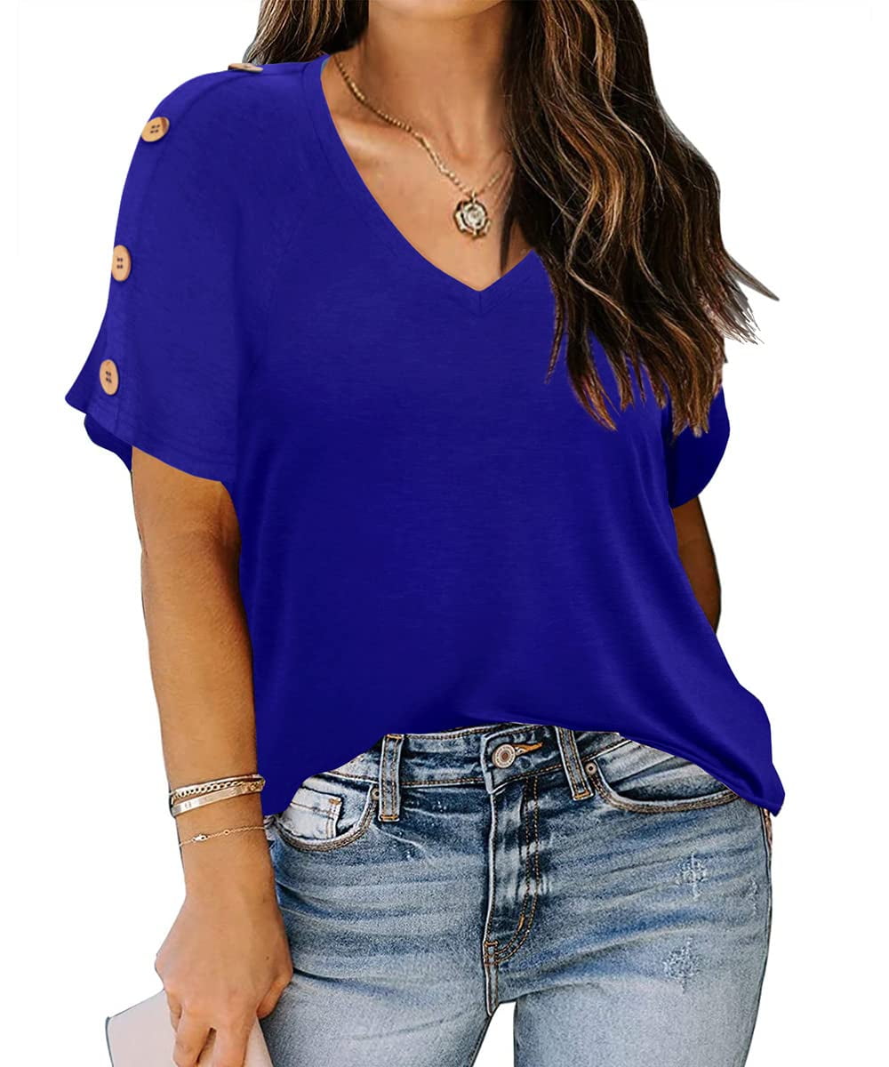 TIYOMI Ladies Plus Size 4X Royal Blue Tops V Neck Blouses Short Sleeve ...
