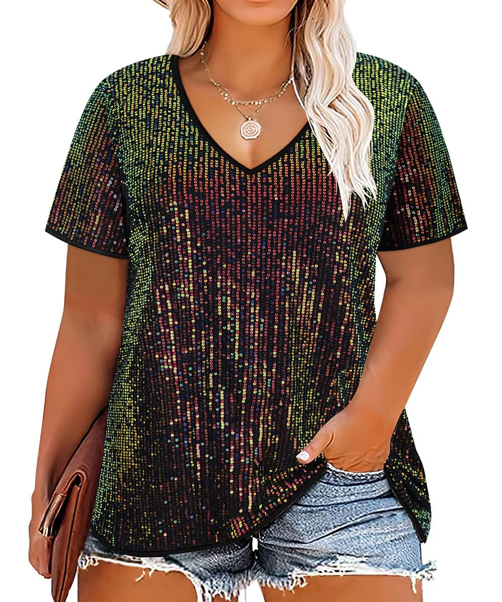 TIYOMI Ladies Plus Size 4X Sequin Tops Summer Short Sleeve Tunics Black ...
