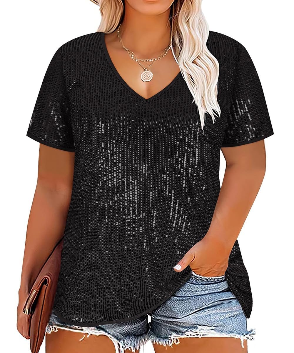TIYOMI Ladies Plus Size 4X Sequin Tops Summer Short Sleeve Tunics Black ...