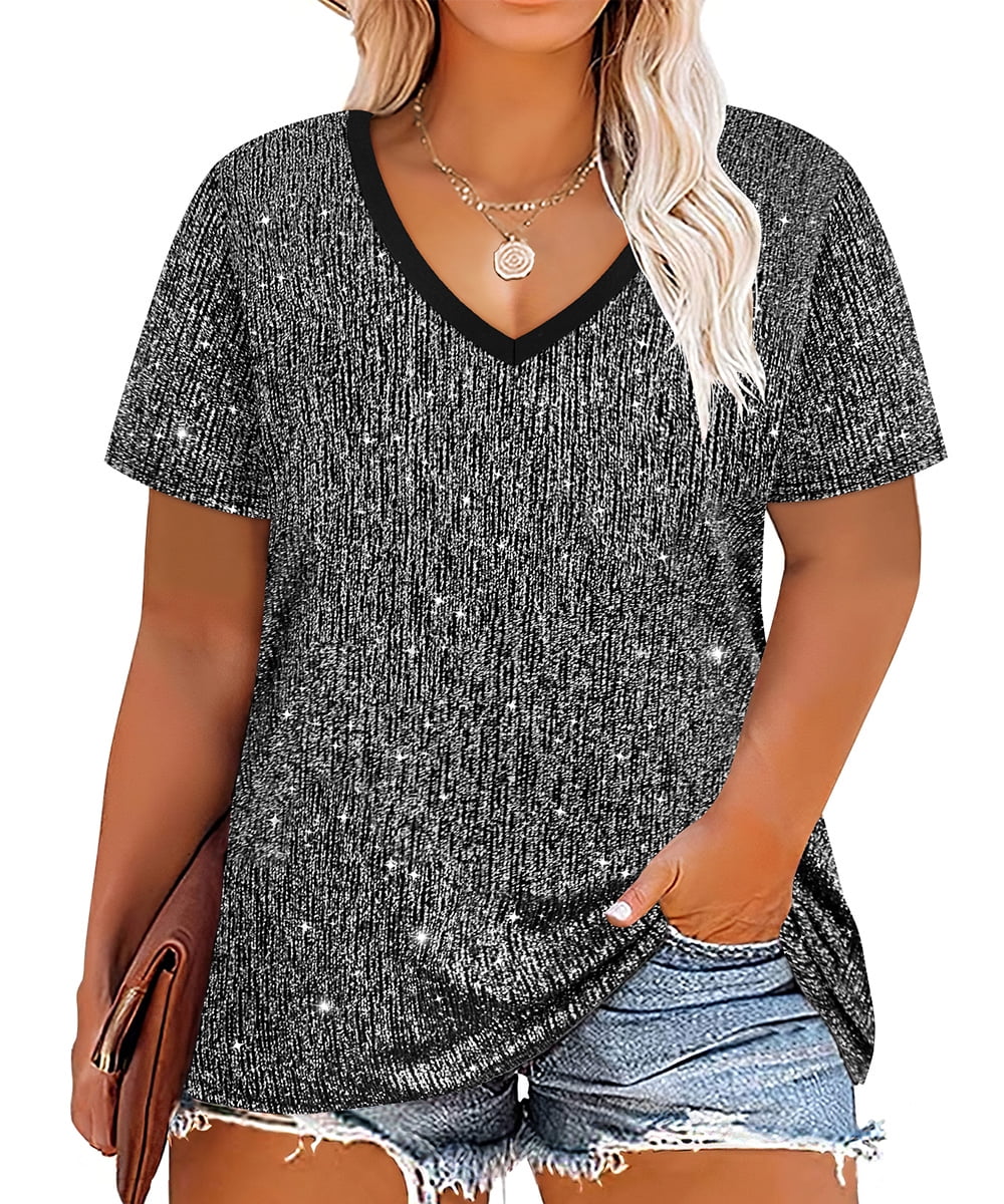 TIYOMI Ladies Plus Size 4X Sequin Tops V Neck Blouses Short Sleeve ...