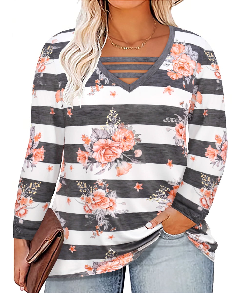 TIYOMI Ladies Plus Size 4X Stripe Criss Cross Tops V Neck Floral ...