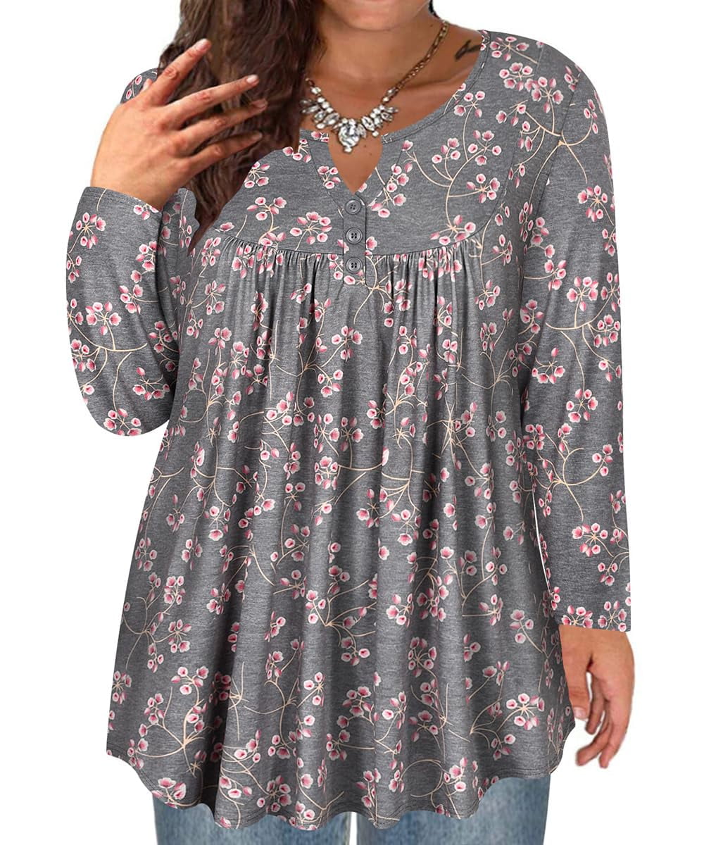TIYOMI Ladies Plus Size 4X Swing Flowy Tops Grey Henley Blouses Long ...