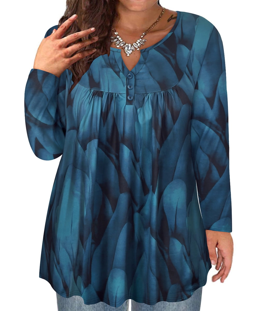 TIYOMI Ladies Plus Size 4X Swing Flowy Tops Henley V Neck Blouses Long ...