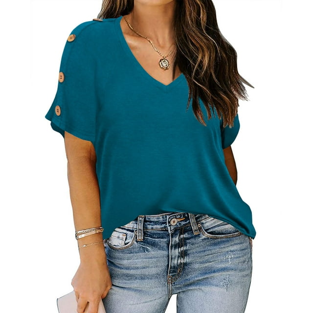 TIYOMI Ladies Plus Size 4X Teal Blue Tops V Neck Blouses Basic Solid ...