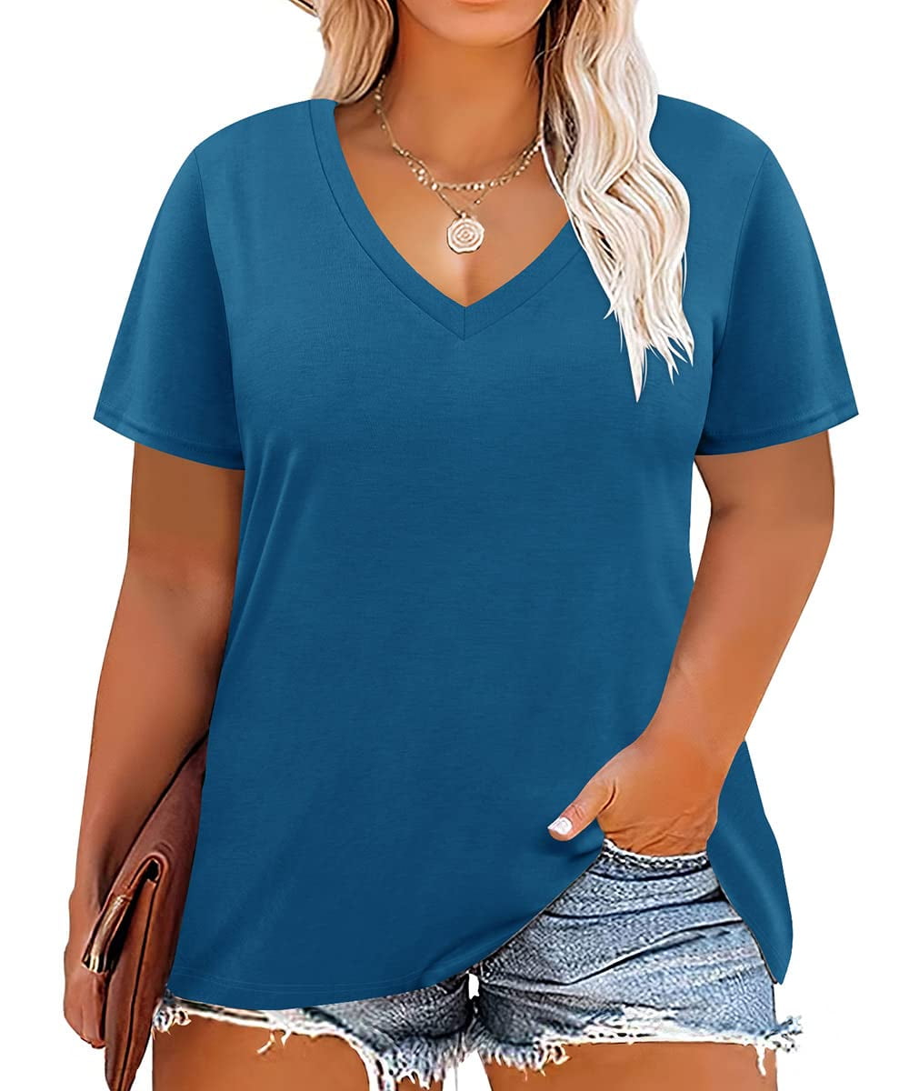 TIYOMI Ladies Plus Size 4X Teal Blue Tops V Neck Blouses Short Sleeve ...