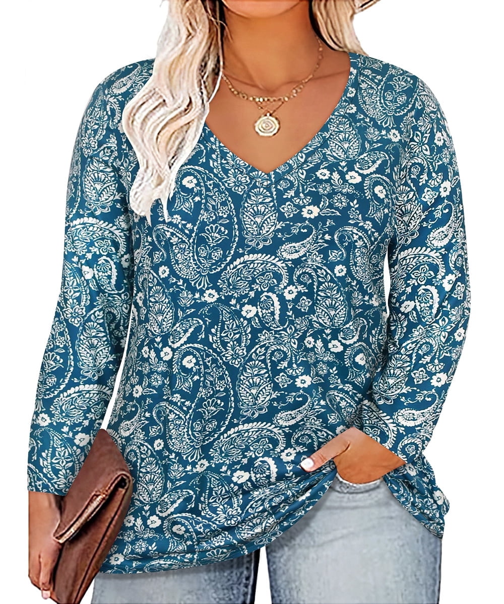 TIYOMI Ladies Plus Size 4X Vintage Blue Floral Tunic Long Sleeve ...