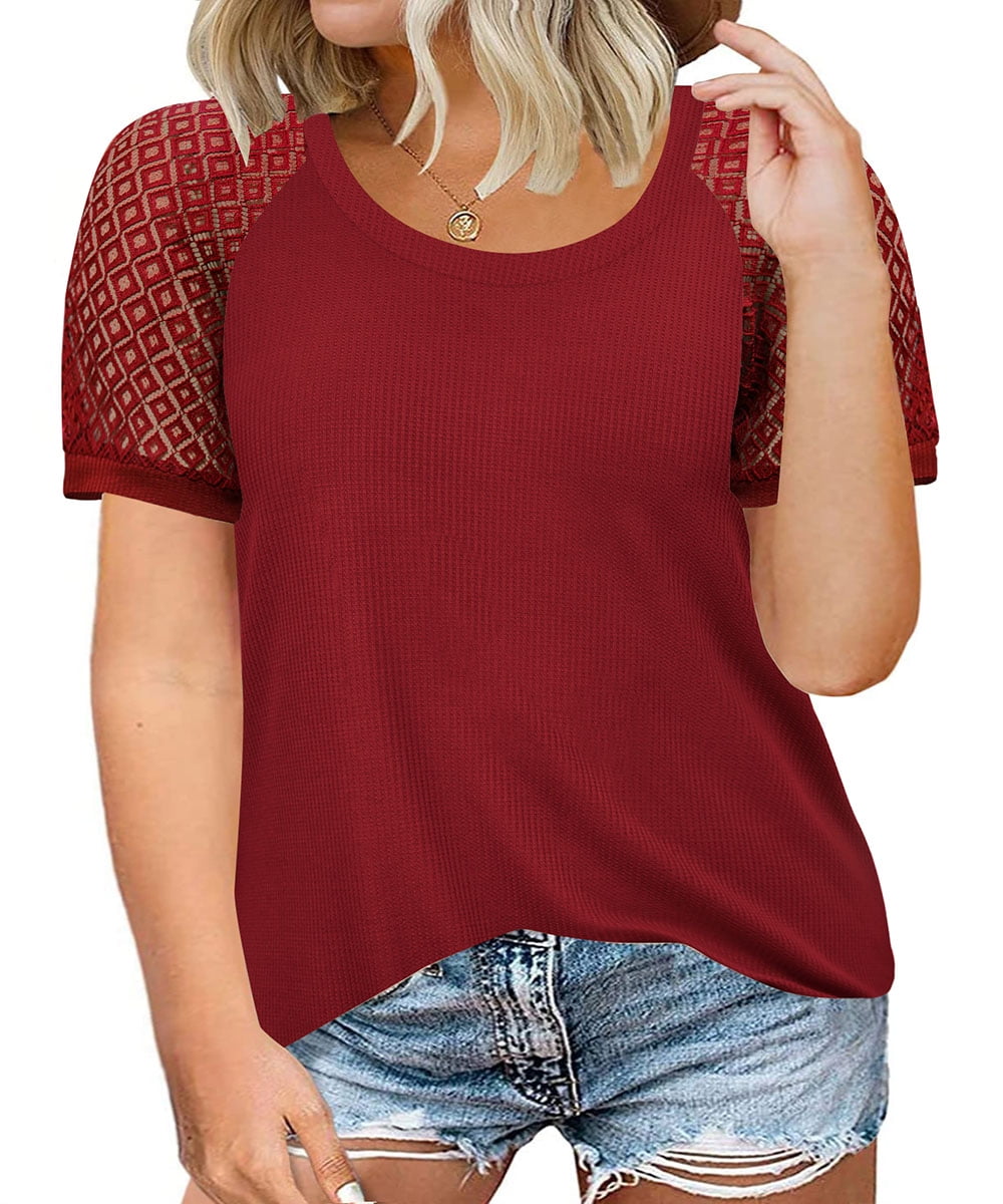 TIYOMI Ladies Plus Size 4X Wine Red Lace Tops Crewneck Waffle Blouses ...