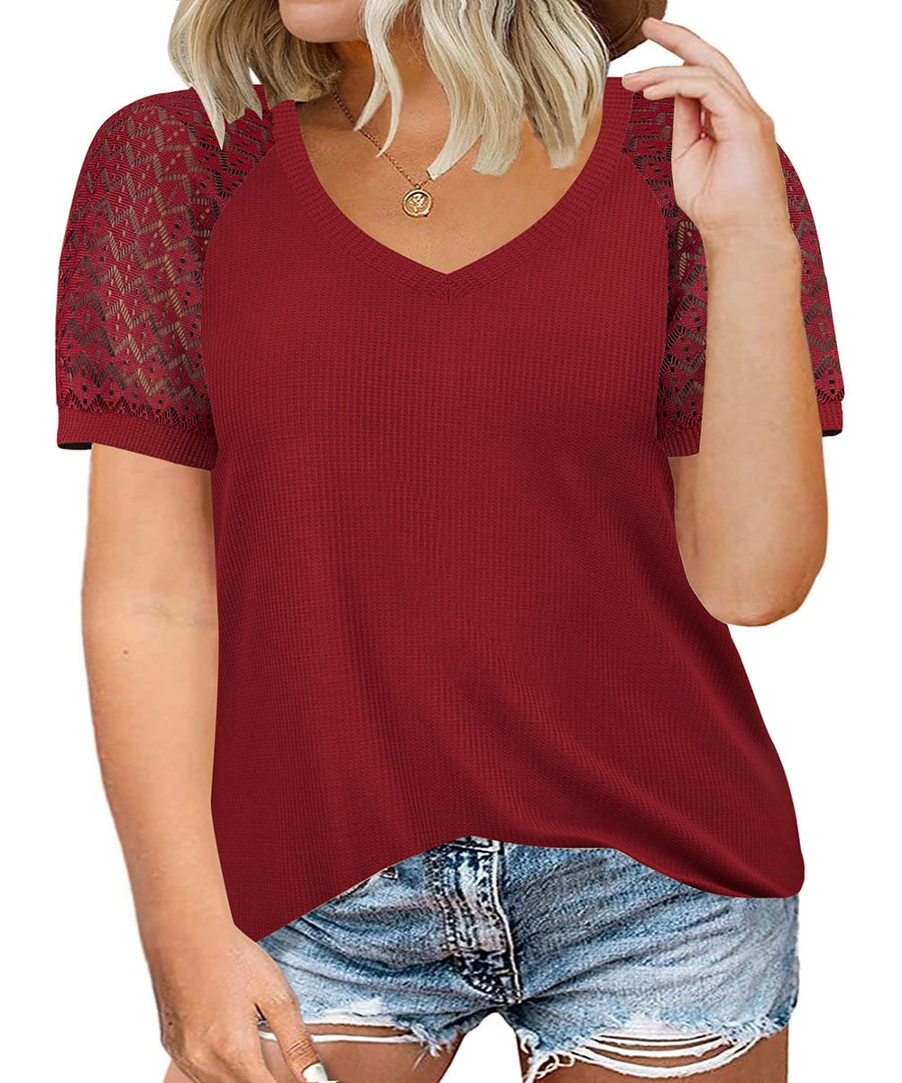 TIYOMI Ladies Plus Size 4X Wine Red Lace Tops V Neck Waffle Blouses ...