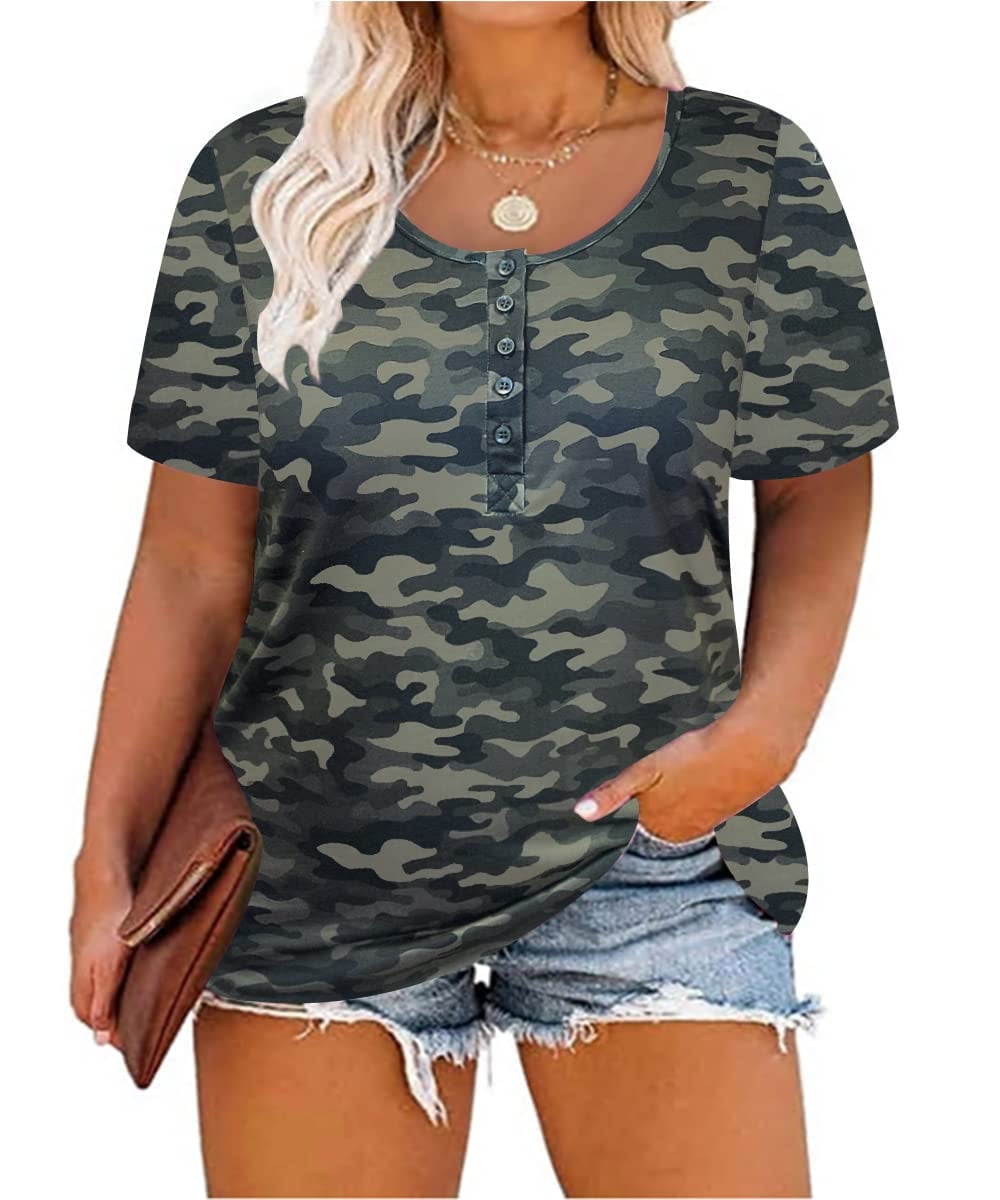 TIYOMI Ladies Plus Size Camo Tops Buttons Up Short Sleeve Summer Tees ...