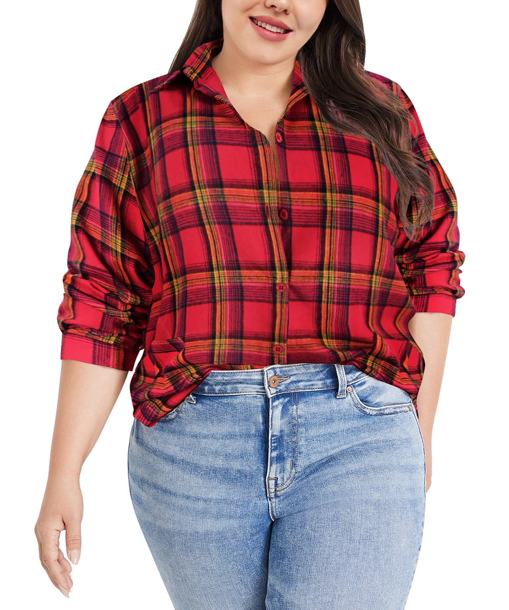 TIYOMI Ladies Plus Size Plaid Blouses Long Sleeve 4X Red Casual Collar ...