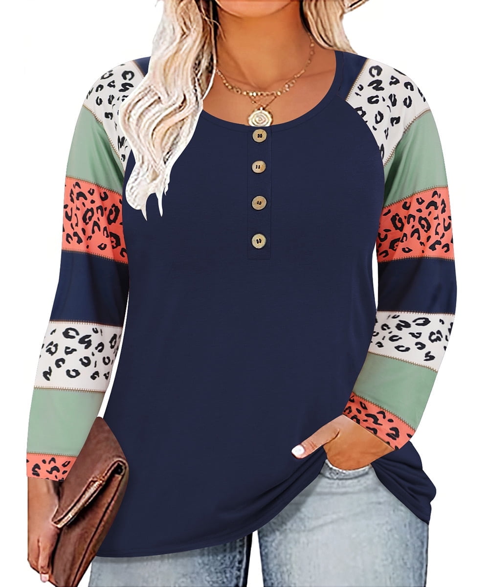 TIYOMI Plus Size Cow Print Henley Crewneck Blouse, Long Sleeve, Navy ...