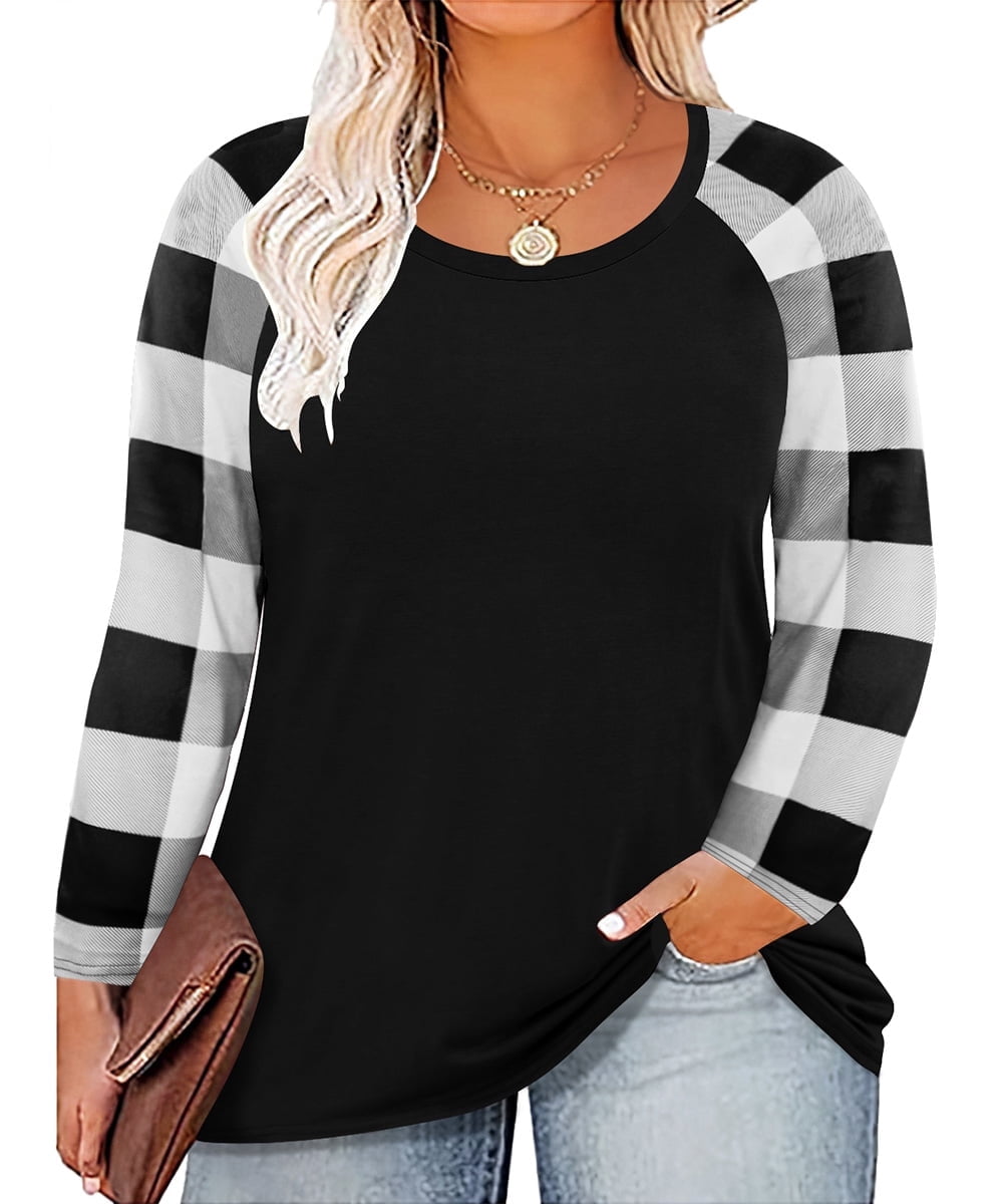 TIYOMI Ladies Plus Size Plaid Crewneck Blouses, Lightweight Stretch ...