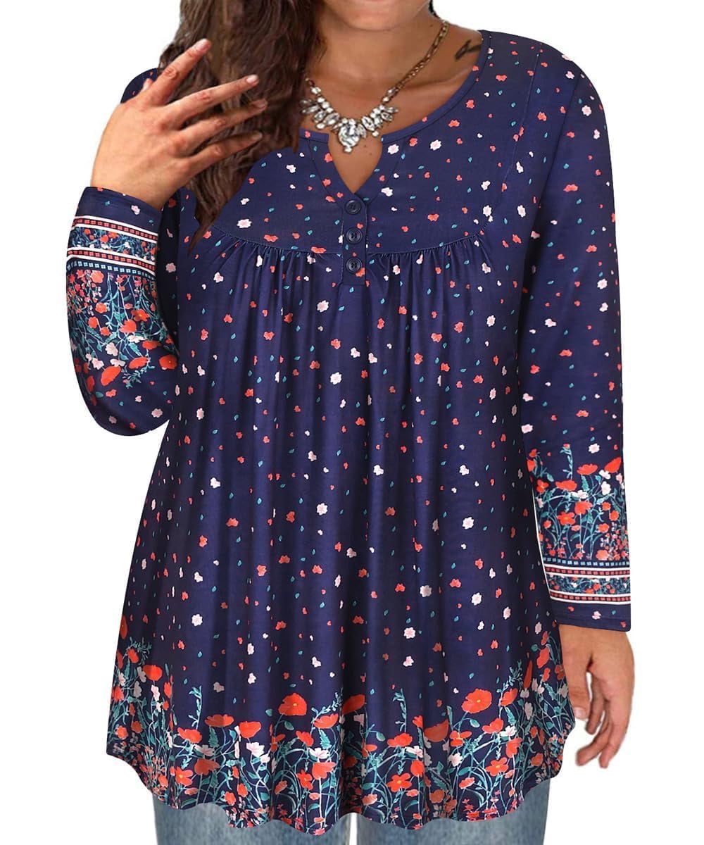 TIYOMI Plus Size 5X Long Sleeve Tunic Tops For Women Navy Blue Floral ...