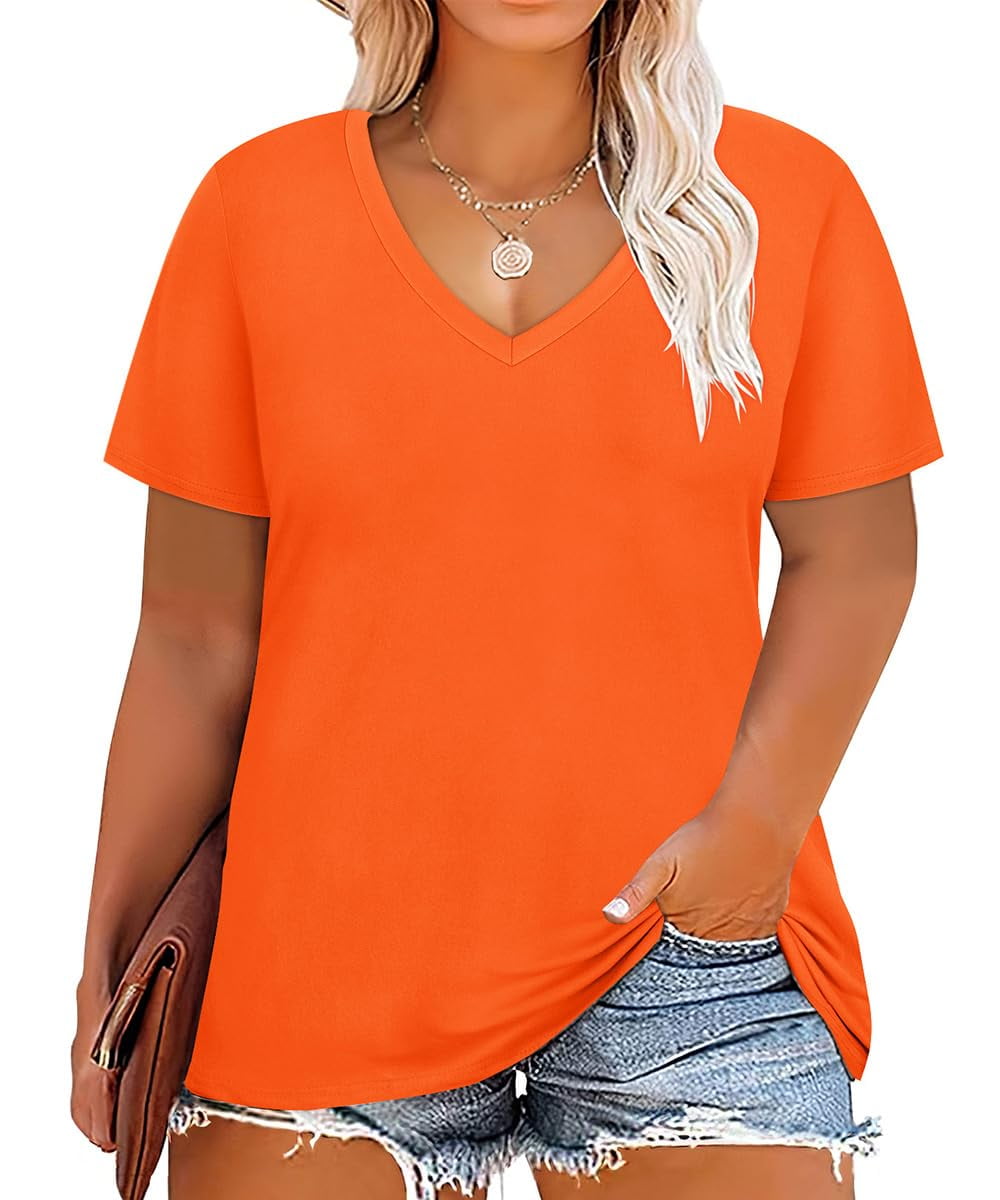 TIYOMI Plus Size 5X Orange Short Sleeve Shirts For Women Tops V Neck ...