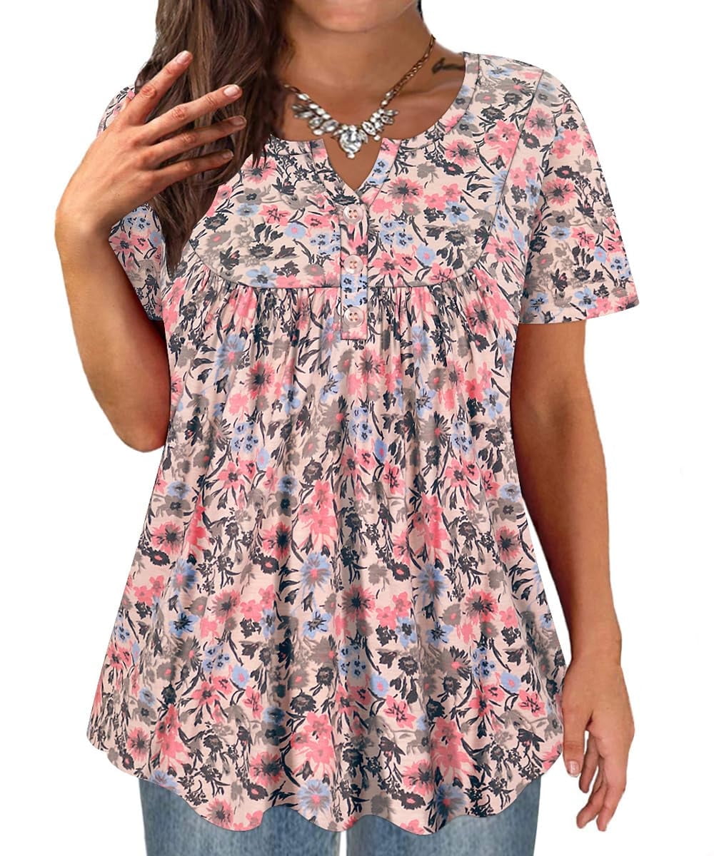 TIYOMI Plus Size 5X Short Sleeve Tops For Women Pink Floral Henley ...