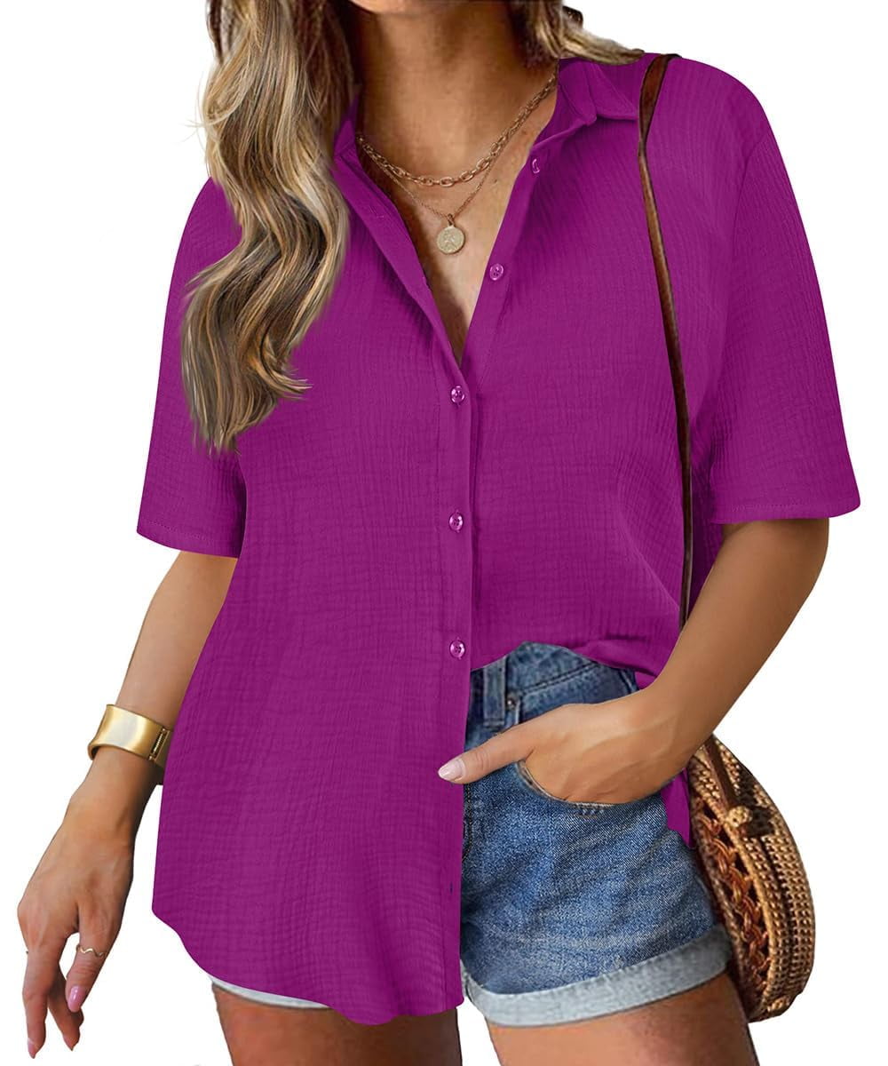 TIYOMI Plus Size Button Down Shirts for Women 2X Short Sleeve Purple Shirts Cotton linen ...