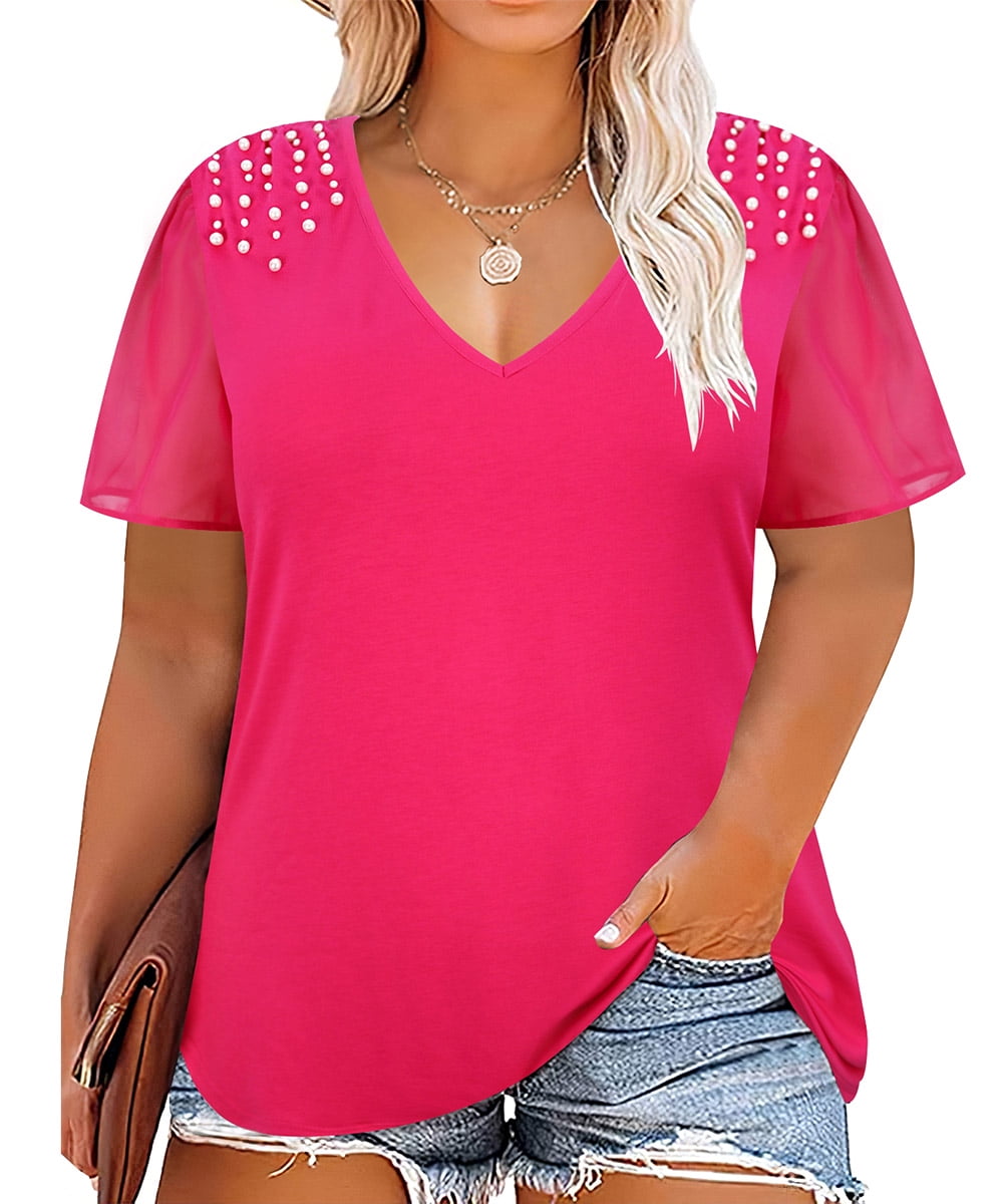 Tiyomi Plus Size Chiffon Tops For Women Hot Pink V Neck Pearls Pullover Short Sleeve Tunics
