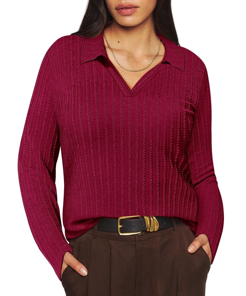 TIYOMI Plus Size Collared Polo Shirts Knitted Long Sleeve Tee Fall V ...