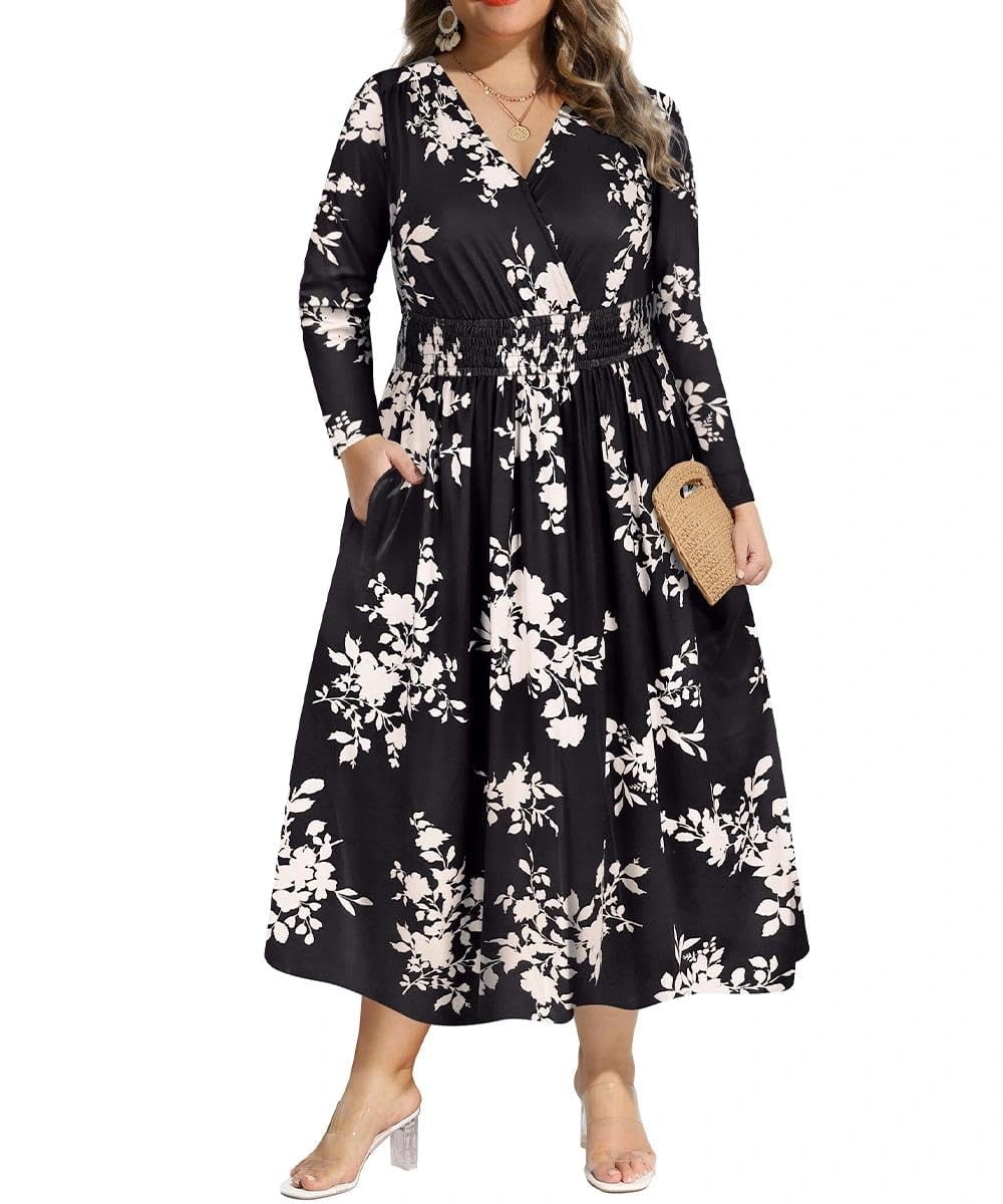 TIYOMI Plus Size Dress for Curvy Women 3x Long Sleeve Fall Black Floral ...