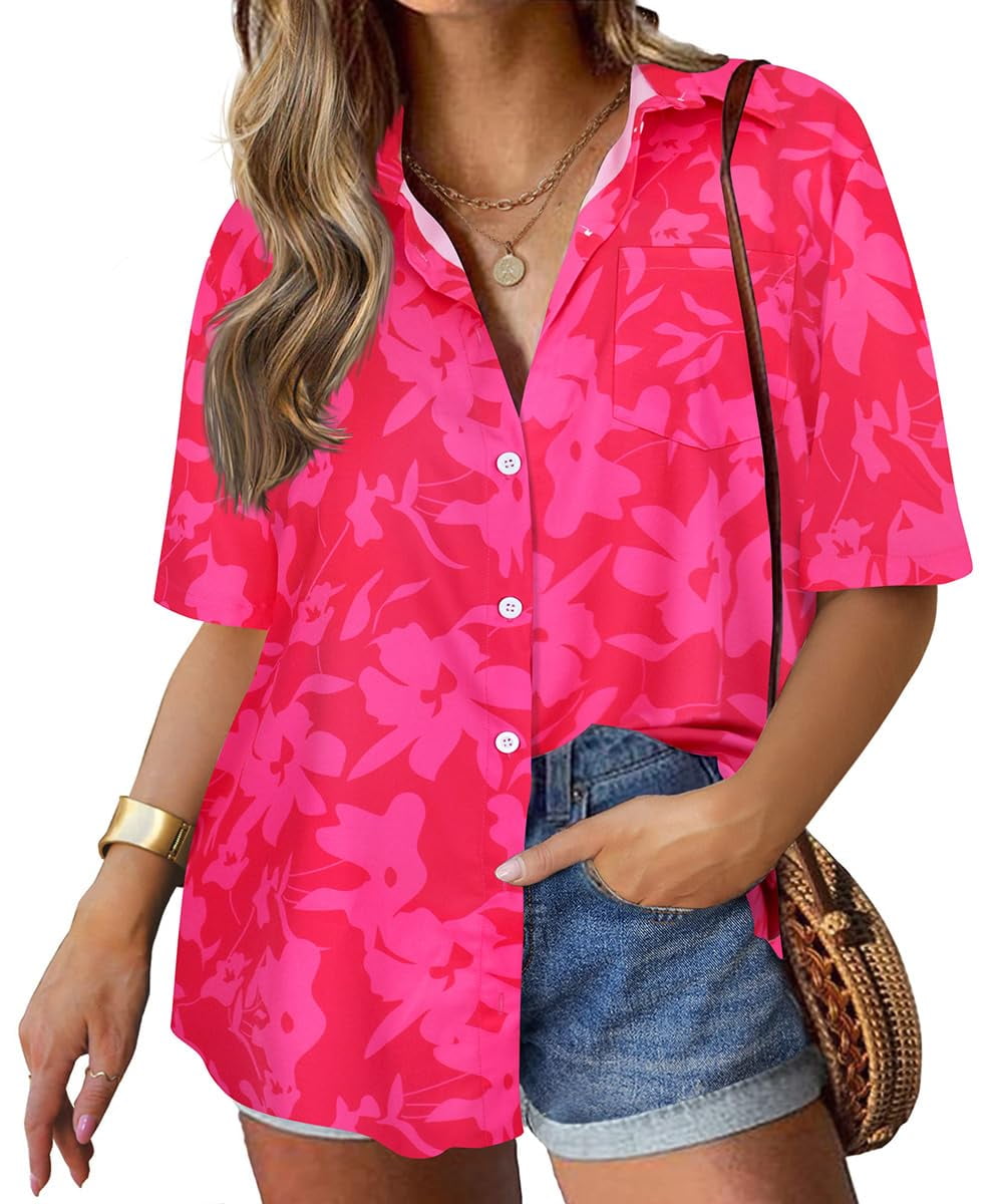 TIYOMI Plus Size Floral Shirts For Women Short Sleeve Hot Pink Blouses ...