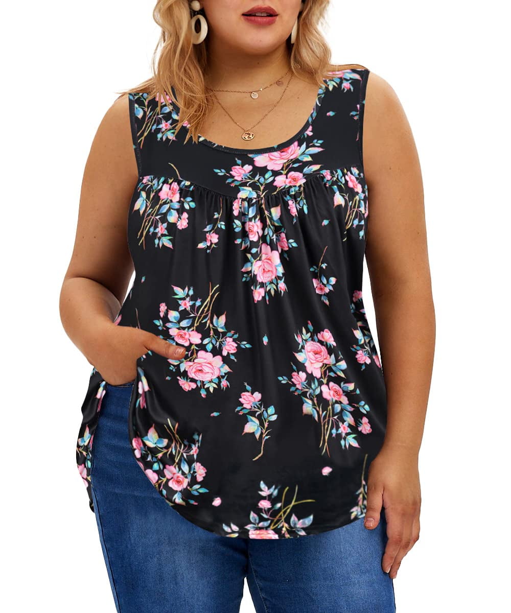 TIYOMI Plus Size Floral Tank Tops For Women Summer Black Flower Modal ...