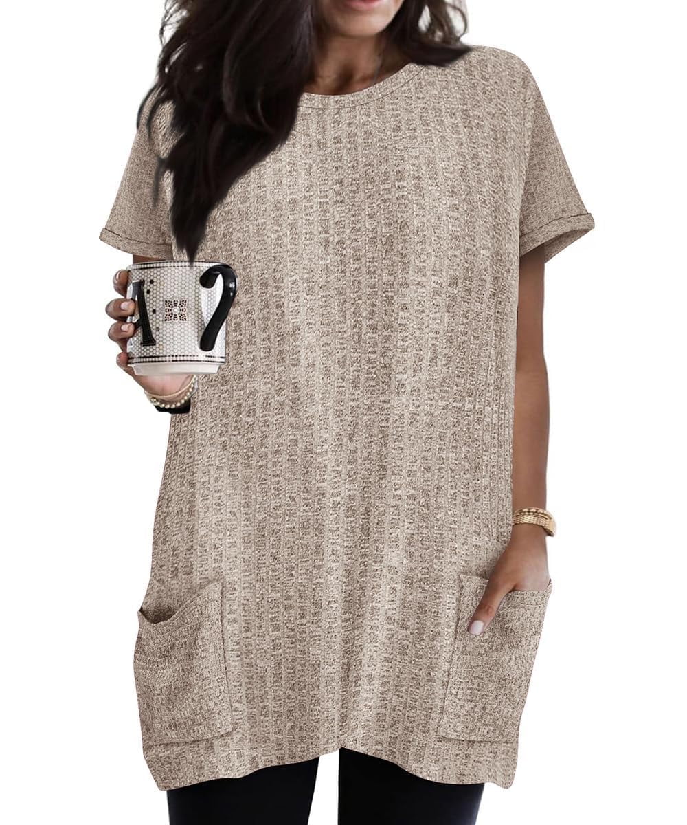 TIYOMI Plus Size Khaki Shirts 5X Short Sleeve Knitting Shirts For Women Round Neck Solid Tops ...