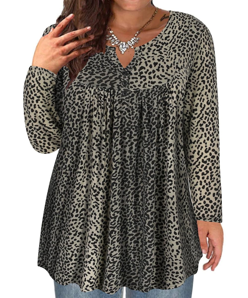 TIYOMI Plus Size Leopard Tops For Women Long Sleeve Blouses Henley ...