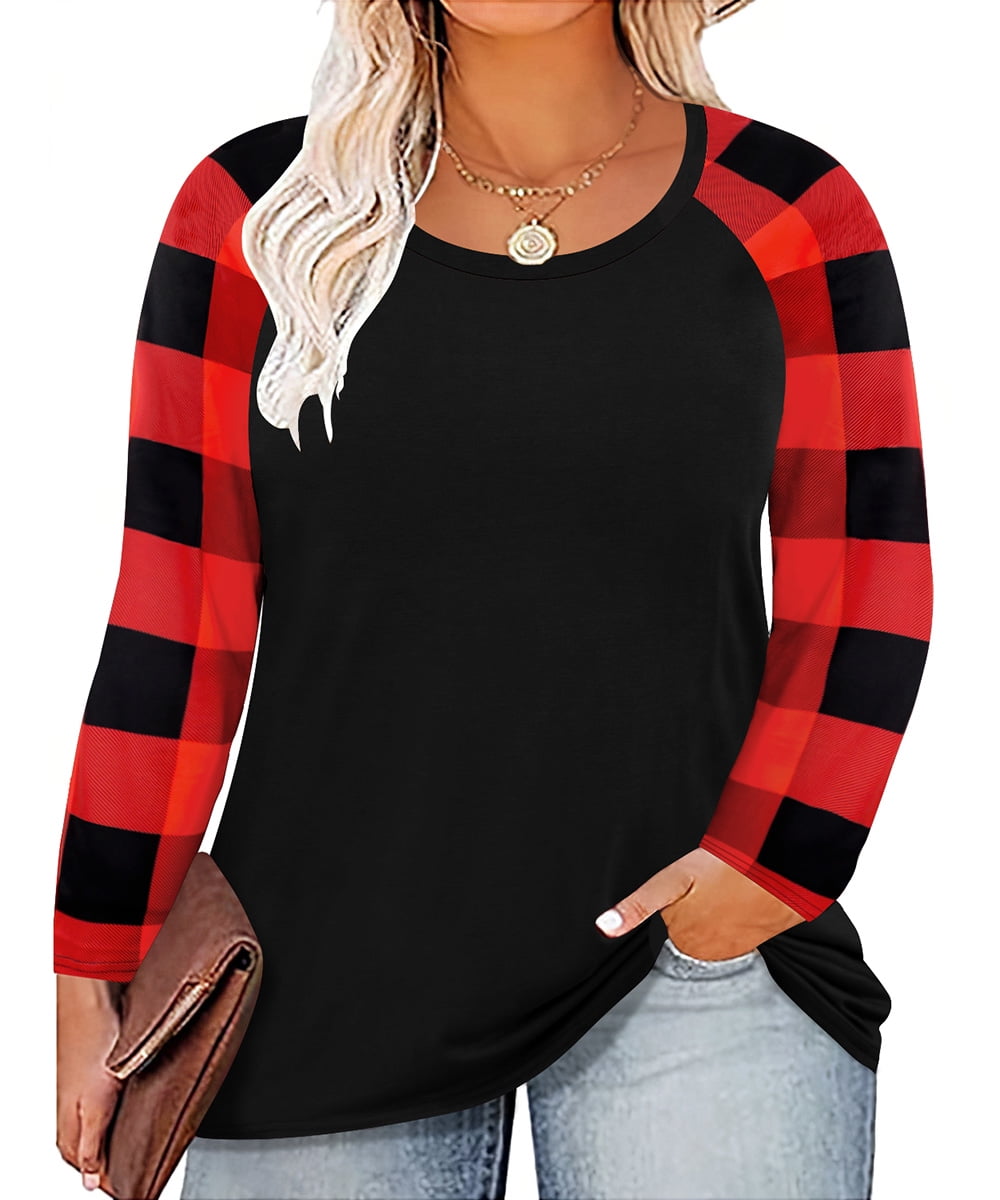 TIYOMI Plus Size Long Sleeve Blouses For Women 5X Plaid Crewneck ...