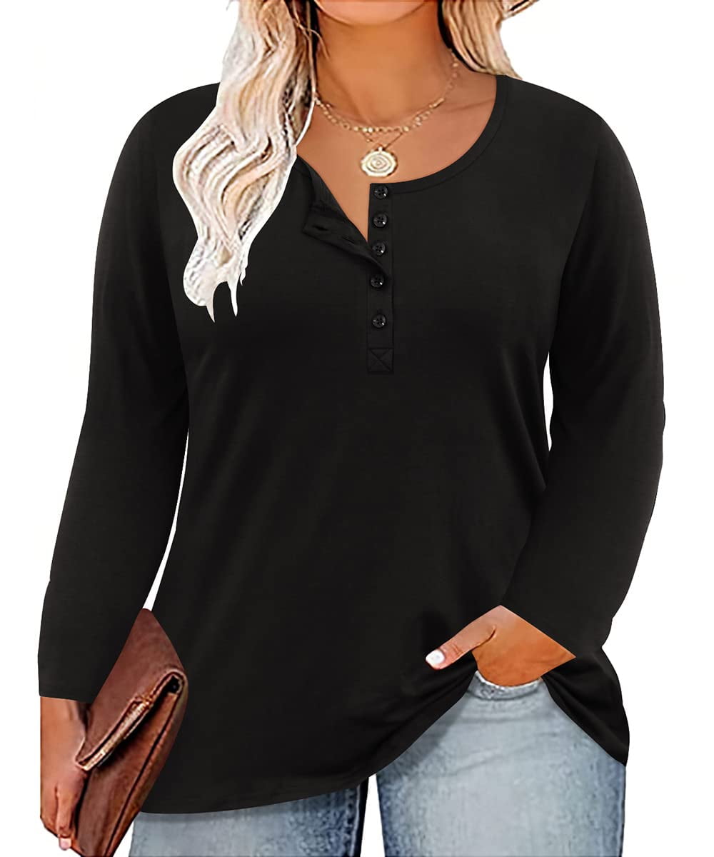 TIYOMI Plus Size Henley Tops, Long Sleeve, Solid Color, Button Blouses ...