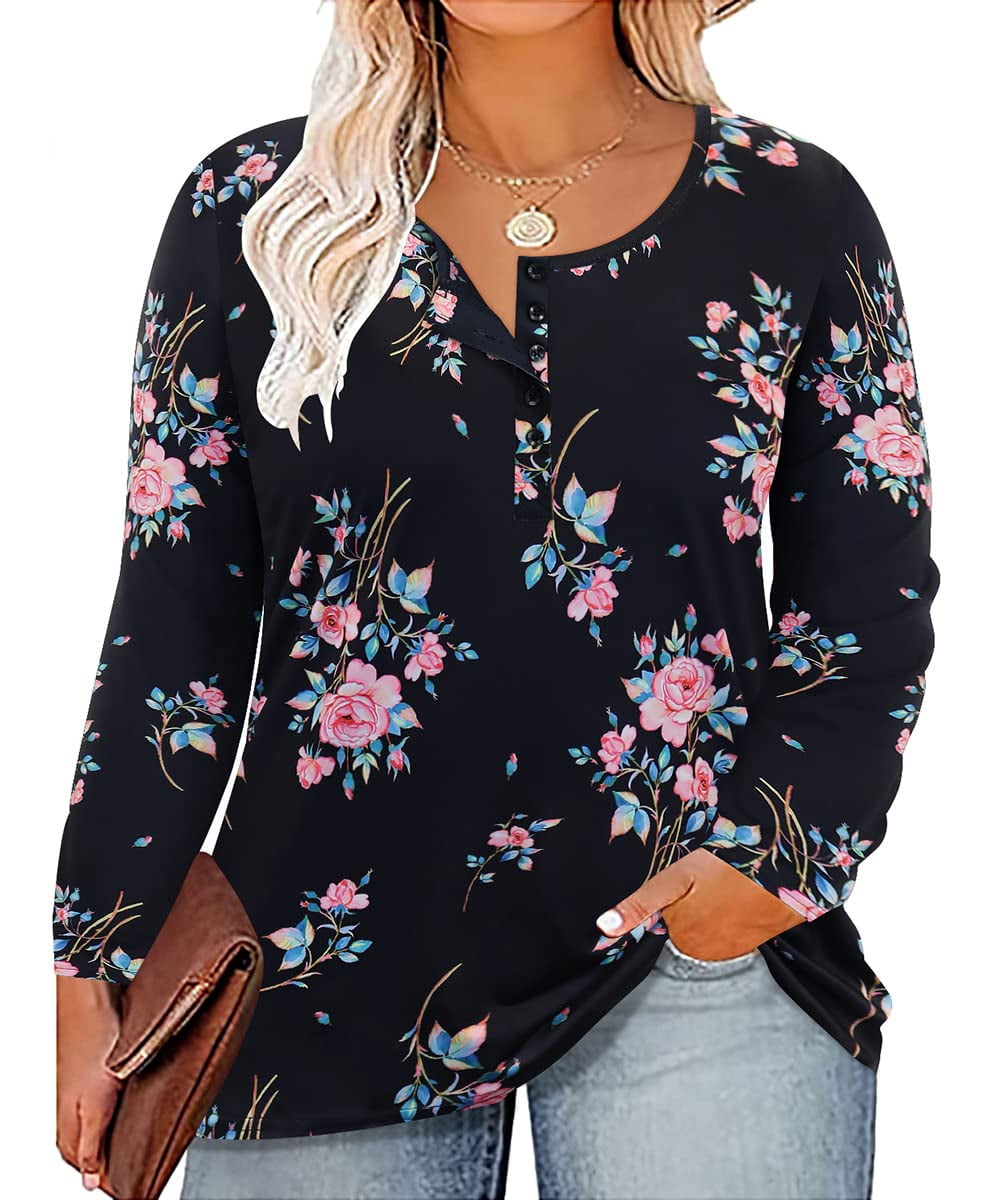 TIYOMI Plus Size Floral Henley Tops, Long Sleeve, Round Neck, 3XL Grey ...