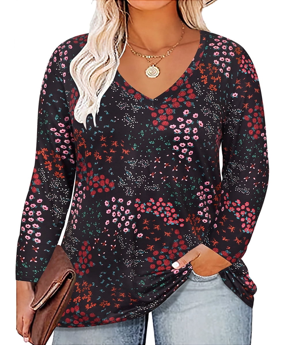 TIYOMI Plus Size Long Sleeve Tops For Women 3X Colorful Flower Shirts ...
