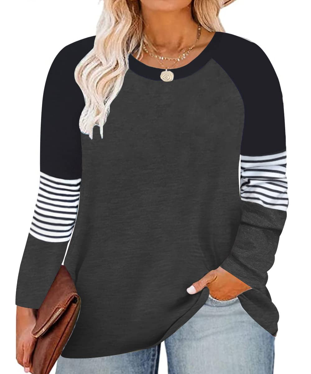 TIYOMI Plus Size Long Sleeve Tops For Women, Color Block Striped, Dark ...