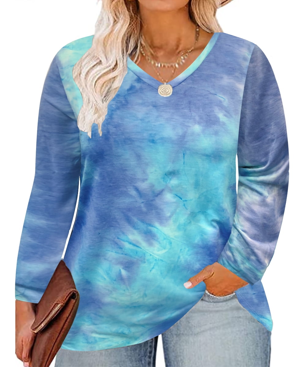 TIYOMI Plus Size Colorful Tie Dye V Neck Long Sleeve Tops, Casual ...