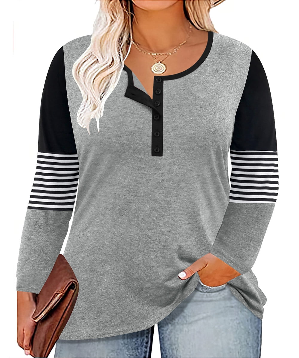 TIYOMI Plus Size Shirts For Women 5X Grey Long Sleeve Henley Crewneck ...