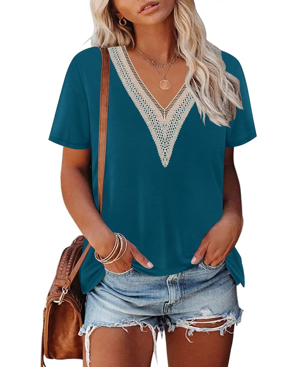 TIYOMI Plus Size Teal Blue Tops For Women Short Sleeve Lace Trim V Neck ...