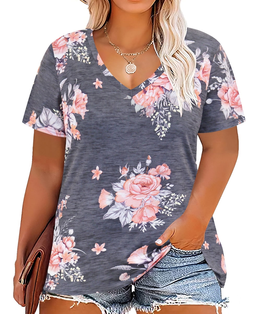 TIYOMI Plus Size Tops For Women Floral Print T-Shirts Short Sleeve ...