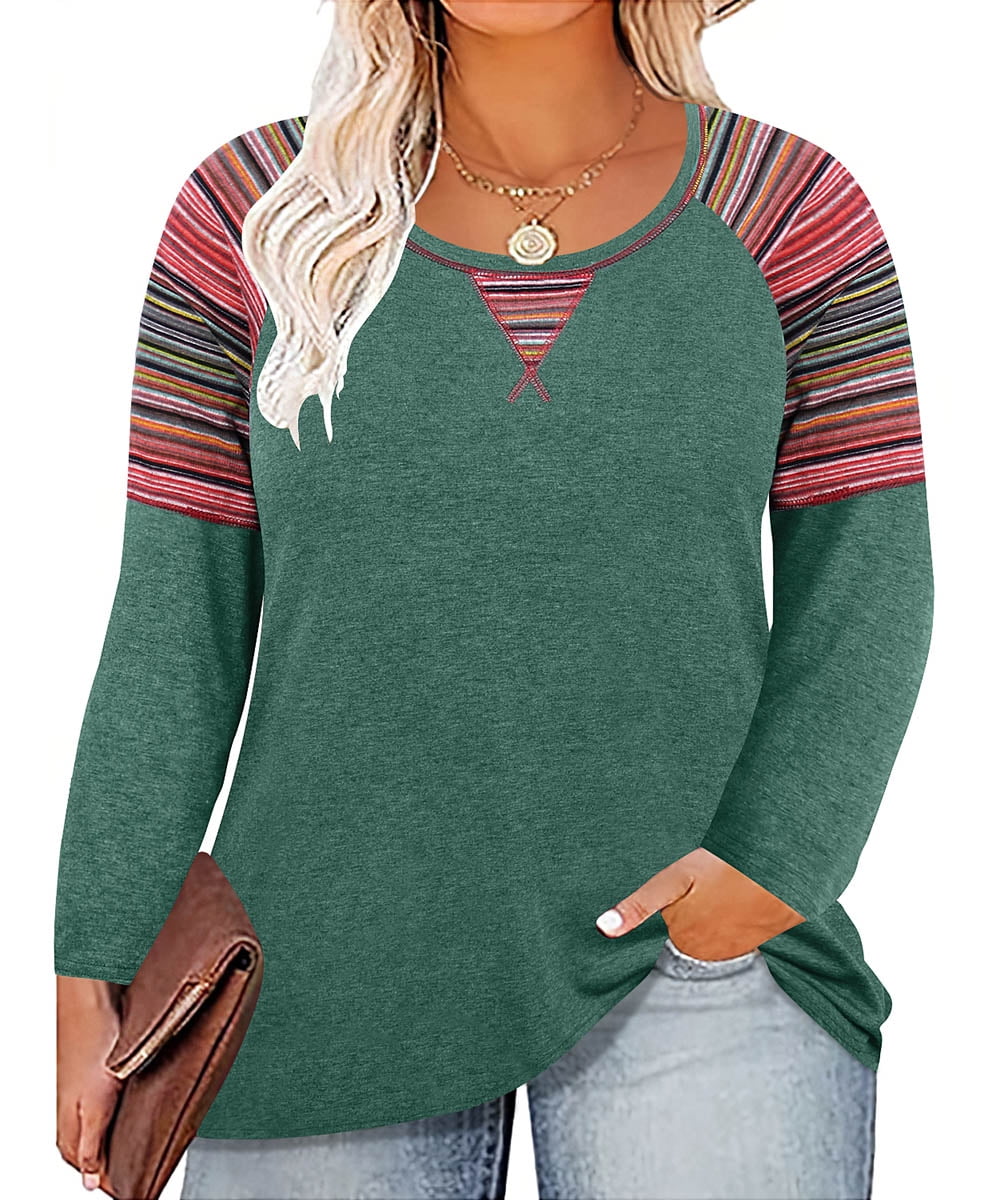 Tiyomi Plus Size Tops For Women Round Neck T Shirt Striped Long Sleeve