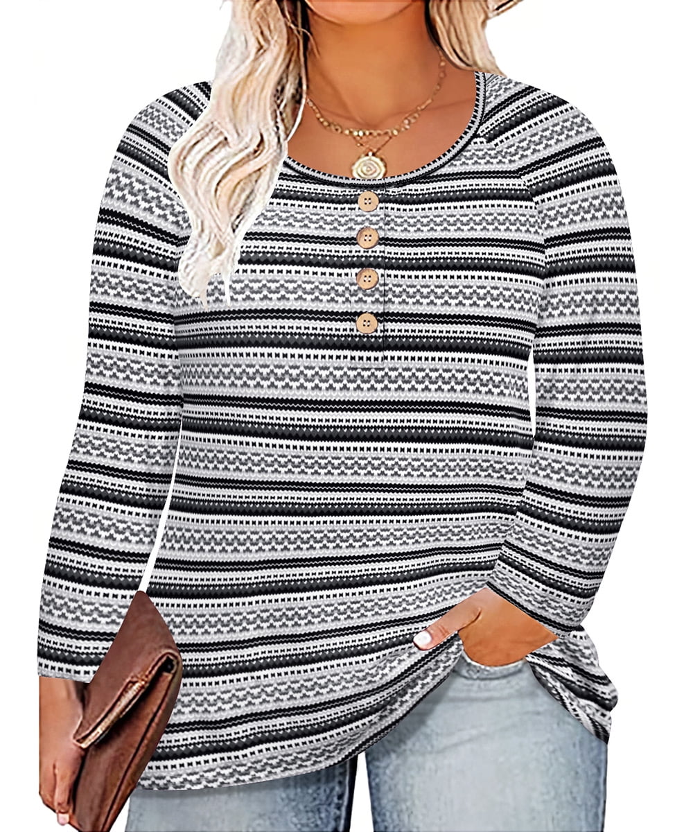 TIYOMI Plus Size Totem Printing Tops For Women Black Long Sleeve Button ...