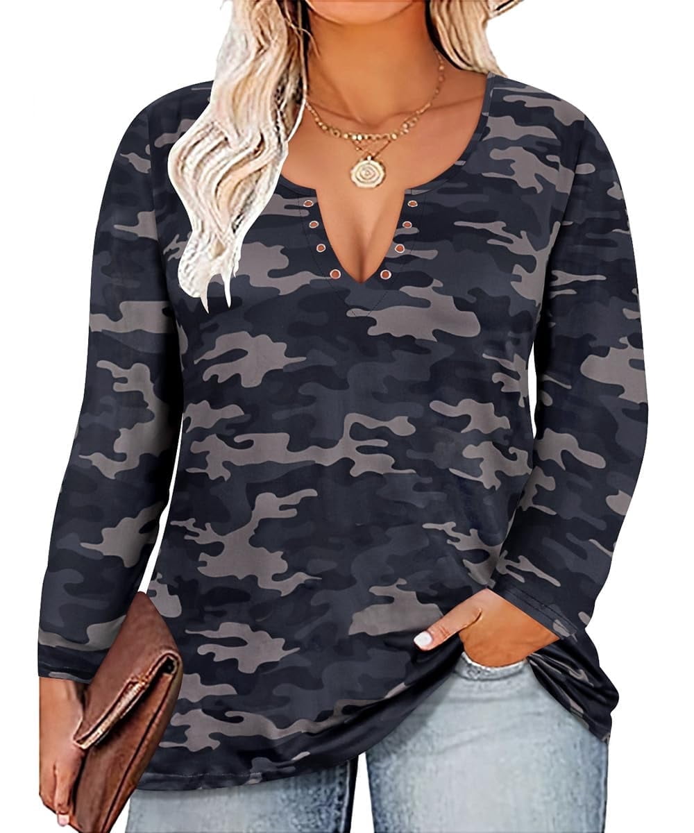 TIYOMI Plus Size Tunic Tops Long Sleeves 3X V Neck Eyelet Camo Print ...