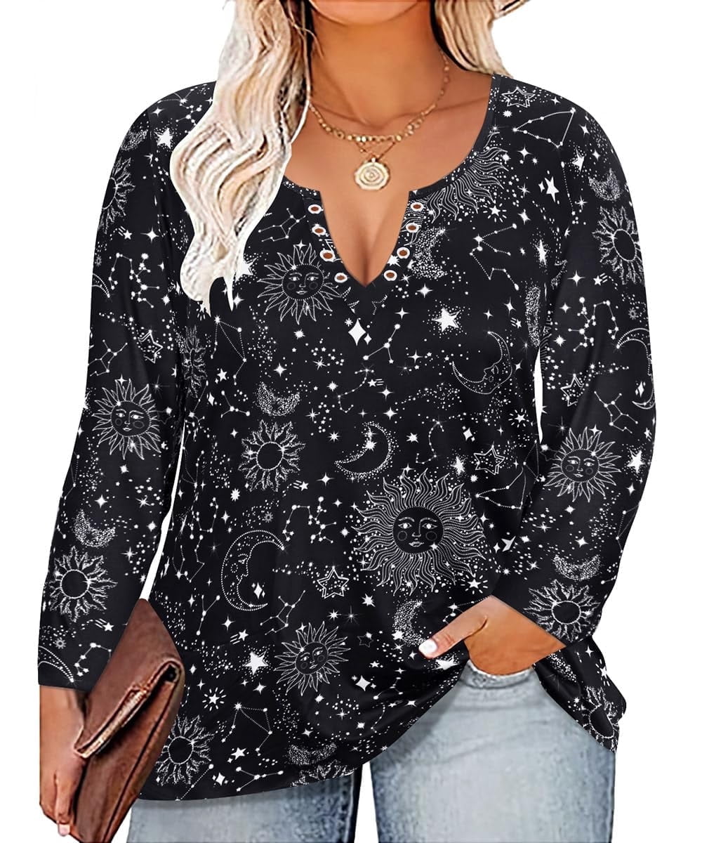 TIYOMI Plus Size Tunic Tops Long Sleeves 3X V Neck Eyelet Moon Sun ...