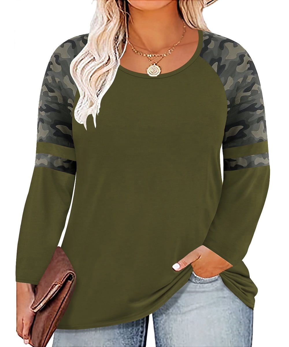 TIYOMI Plus Size Tunics For Women 2X Army Green V Neck Camo Autumn Fall ...