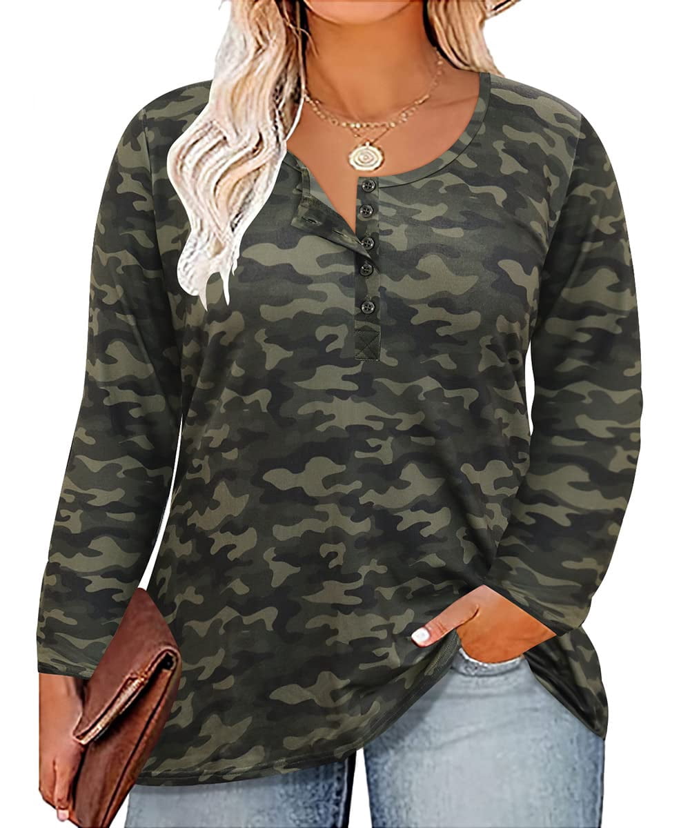 TIYOMI Plus Size 2X Camo Crewneck Button Long Sleeve Henley Tops for ...