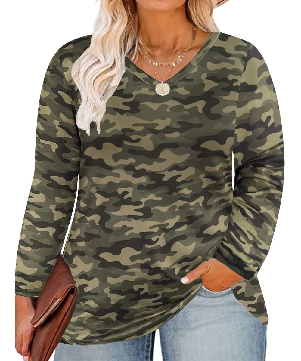 TIYOMI Plus Size Camo Tunic, V Neck Long Sleeve, Sizes XL-5XL, Suitable ...