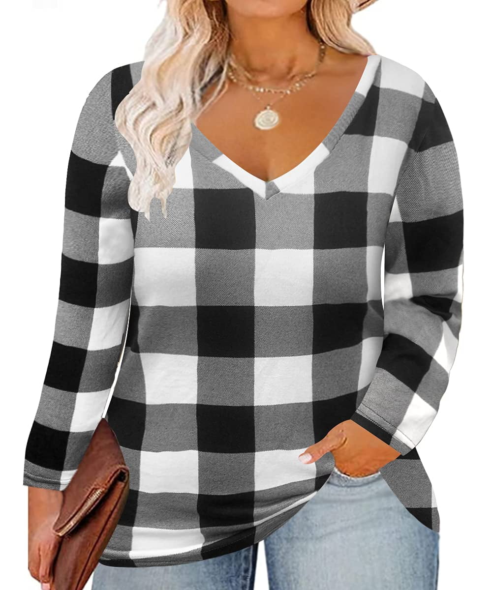 TIYOMI Plus Size Grid Tunic, Casual Long Sleeve V Neck, Fall/Winter ...