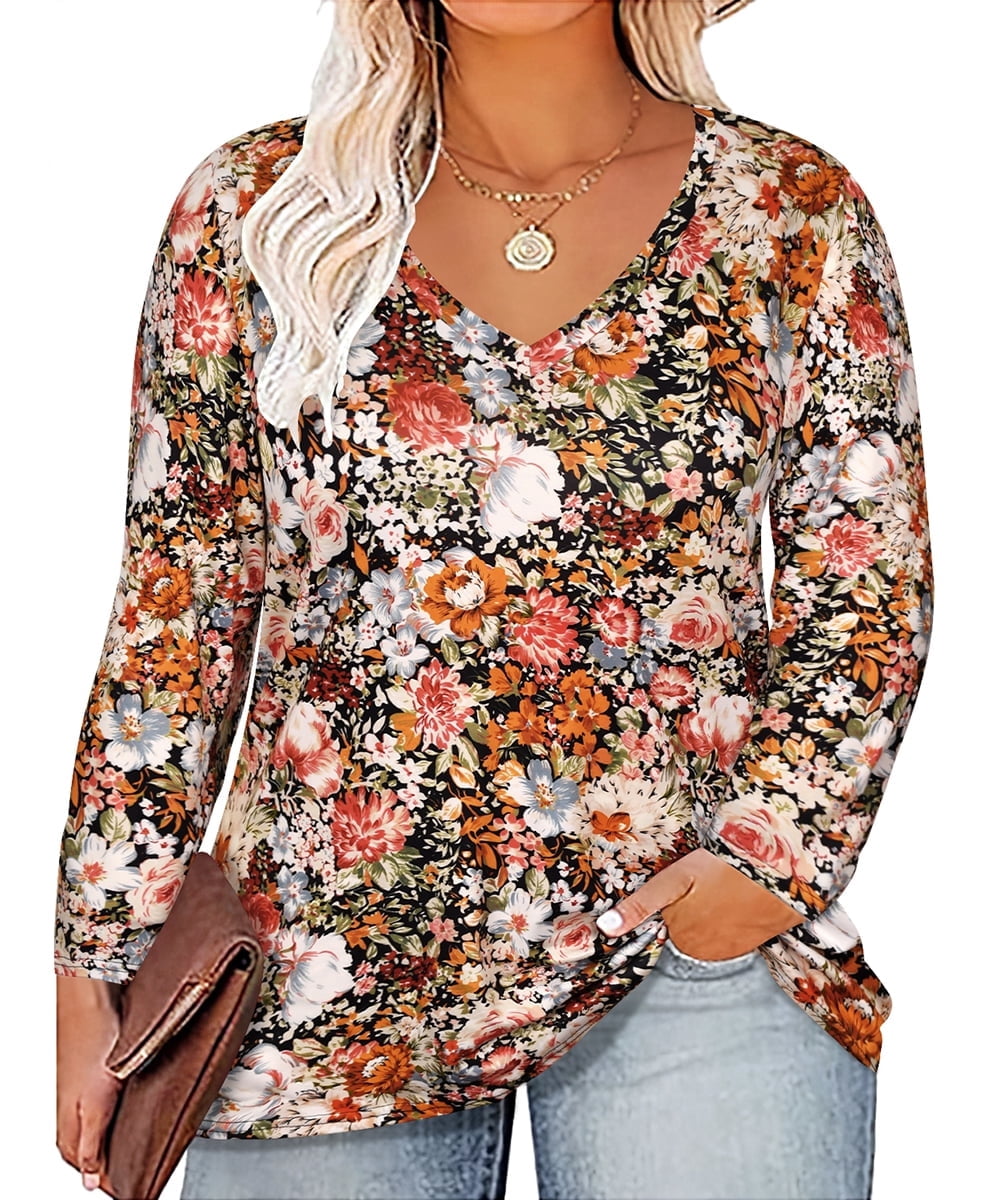 TIYOMI Plus Size Tunics For Women 2X Orange Floral T Shirt Casual Long ...