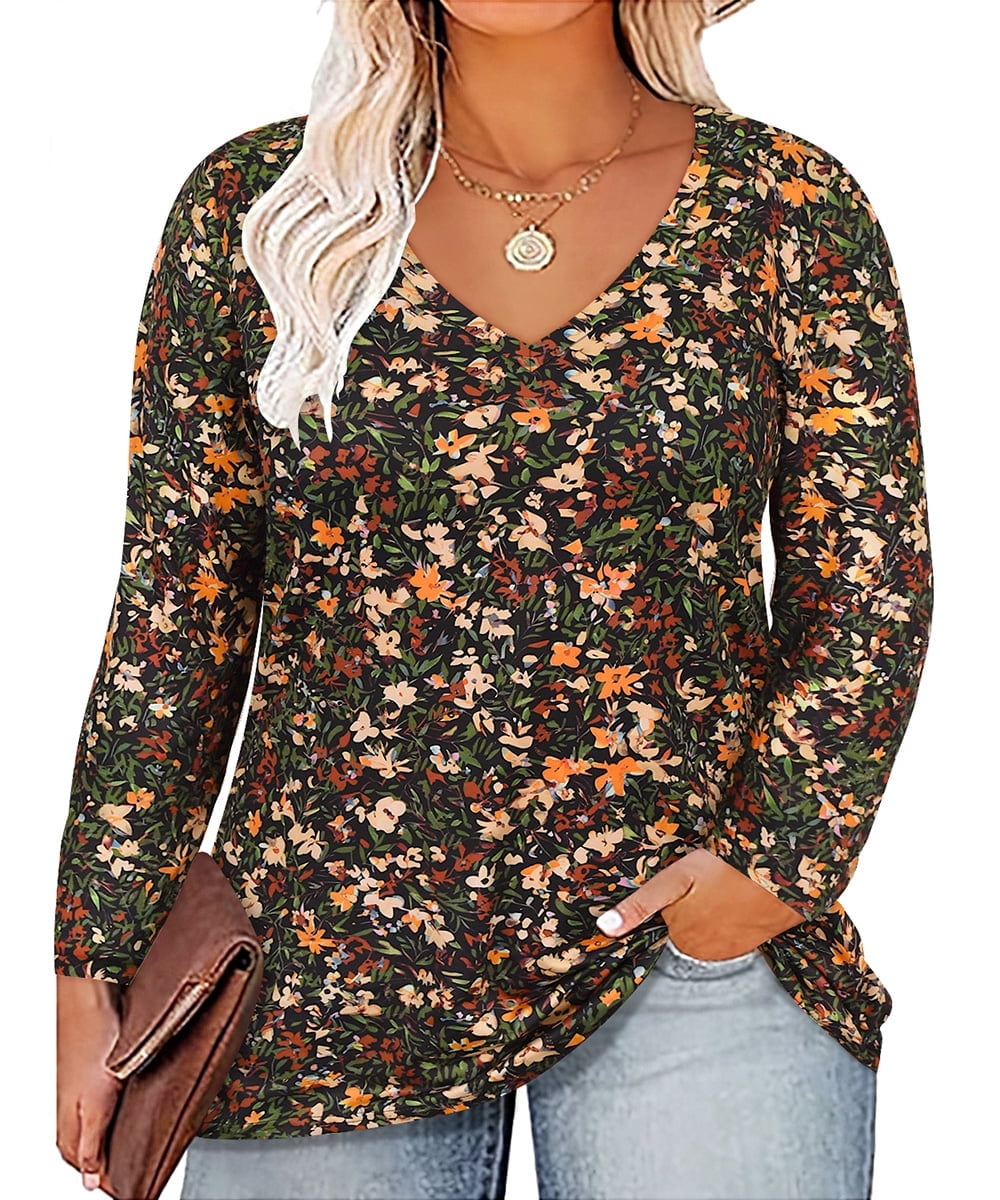 TIYOMI Plus Size Tunics For Women 2X Vintage Orange Floral T-Shirt ...