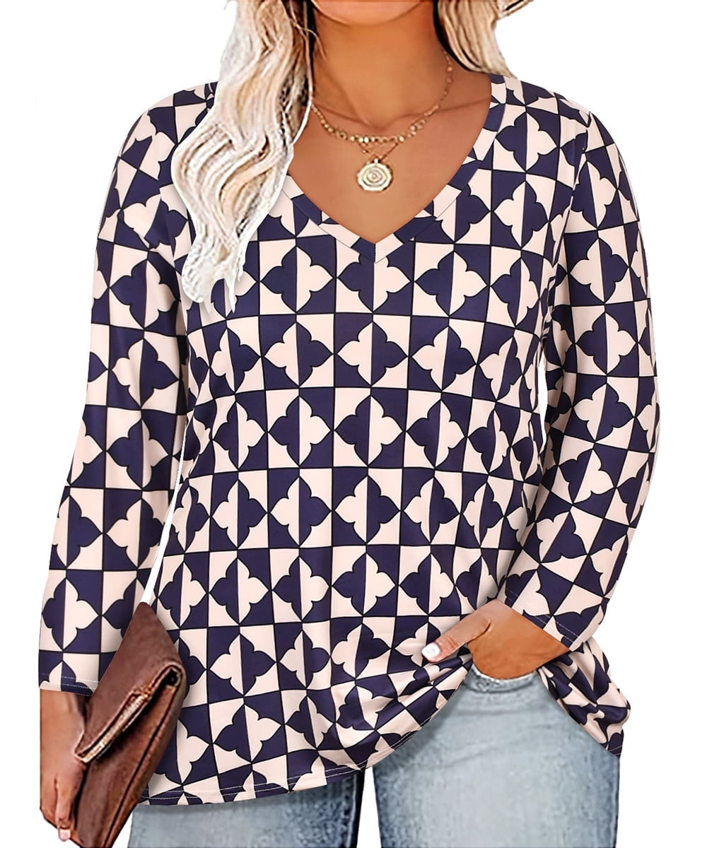 TIYOMI Plus Size Tunics For Women 2X Blue and White Geometric Pattern T ...
